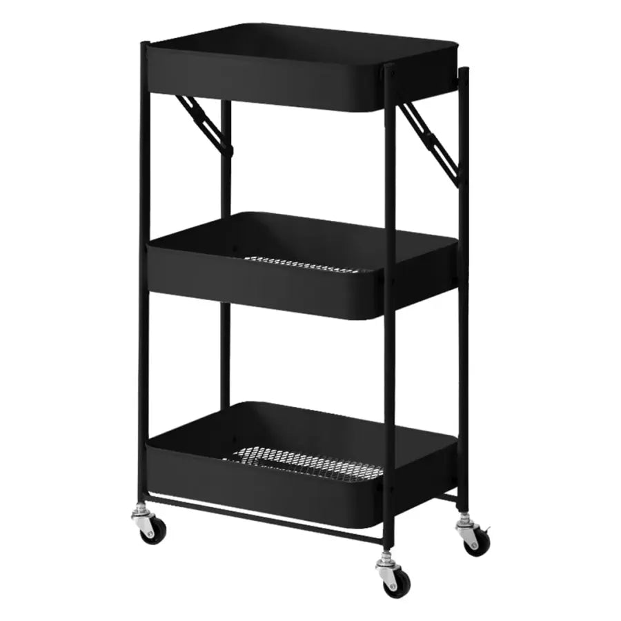 3 Tier Steel Foldable Black Trolly with Wheels - Versatile & Durable ...